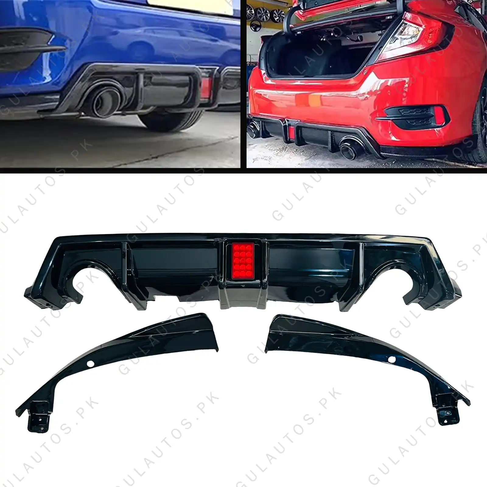 Honda Civic Rear Bumper Diffuser In Glossy Black With Led Light Model ...